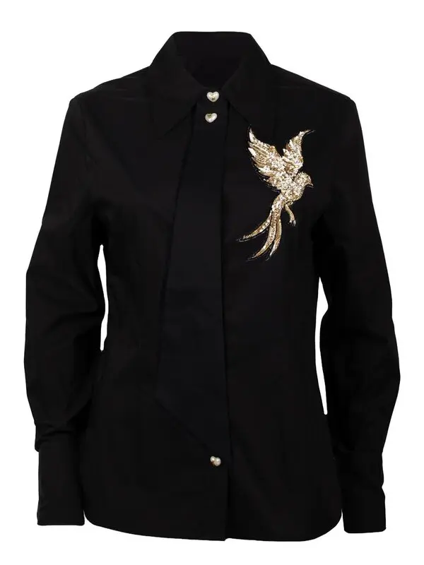 HOUSE OF LAINES LONDON Laines Couture Tie Shirt With Embellished Bird Of Paradise - Black