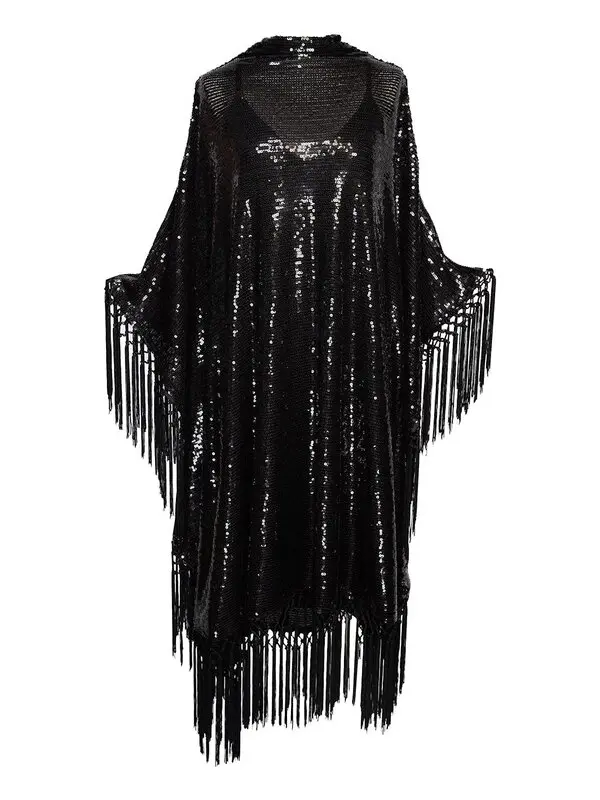 JENNAFER GRACE Sequin Mock Neck Kaftan Dress With Slip And Silk Fringe - Black