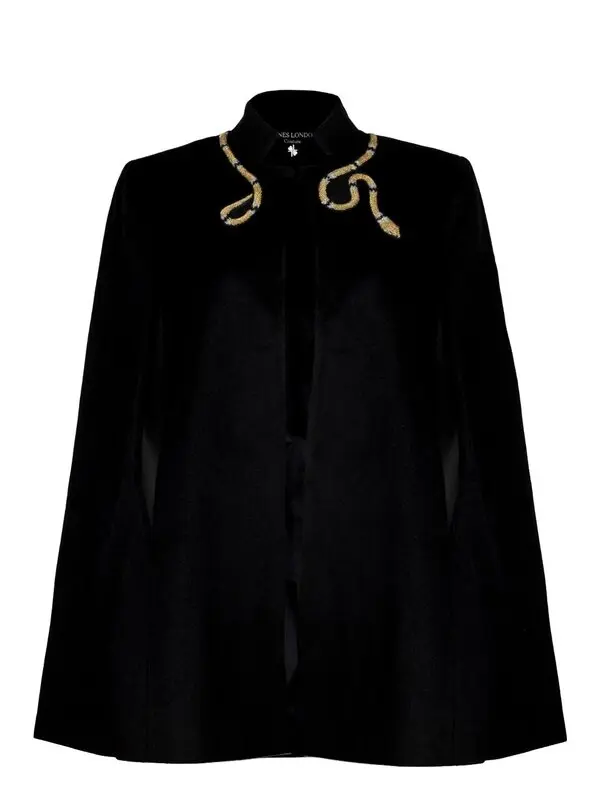 HOUSE OF LAINES LONDON Laines Couture Wool Blend Cape With Embellished Wrap Around Gold Snake - Black