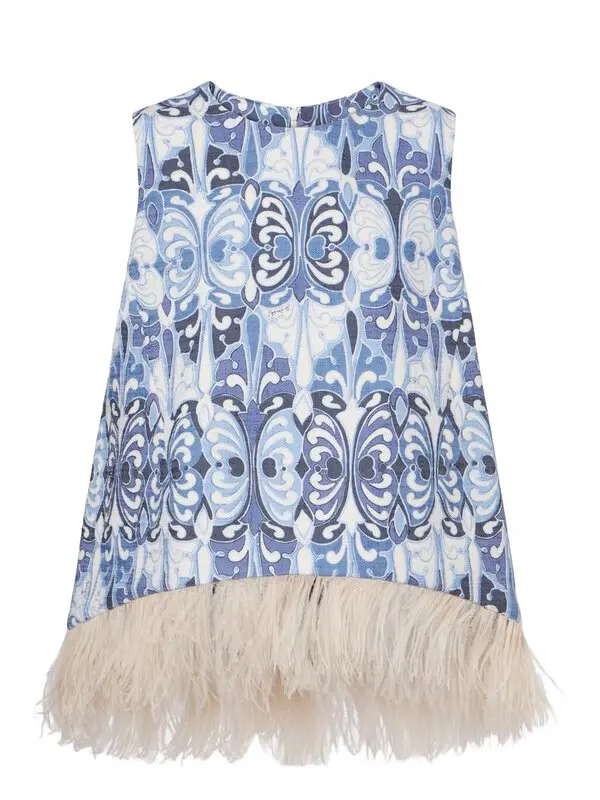 La DoubleJ La Scala Feather-trimmed Cotton Top - Blue