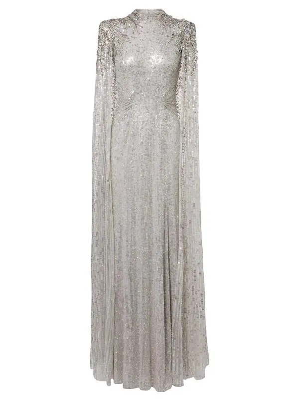 Jenny Packham Dakota Embellished Caped Gown - Silver
