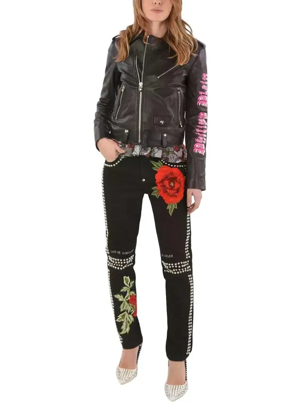 Philipp Plein Couture Angel Embroidered Leather Biker Jacket - Black
