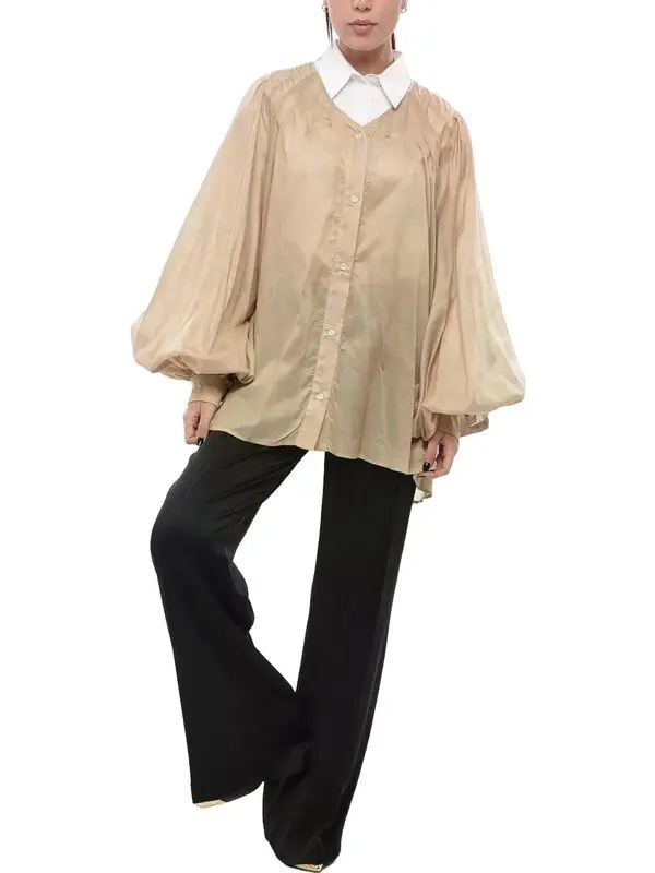 THELATEST Balloon-sleeves V-neck Shirt - Pink