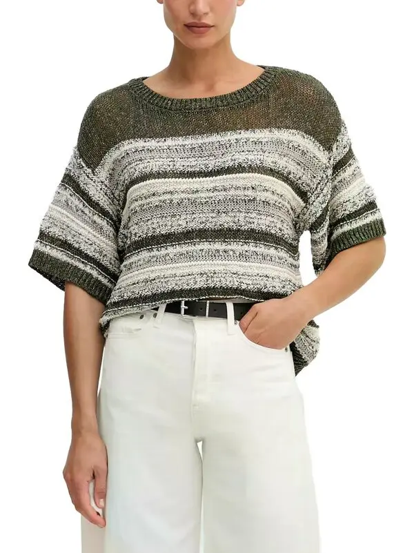 BENETTON Striped Short-sleeved Cropped Sweater - Green