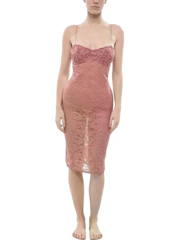 Oseree Lace-overlay Fitted Midi Dress - Pink