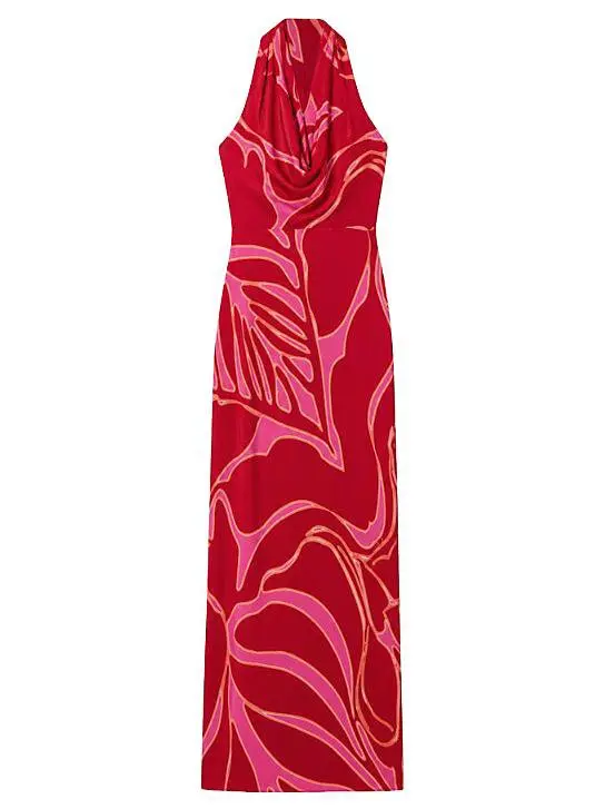 RO&ZO Floral-print Halterneck Woven Maxi Dress - Red