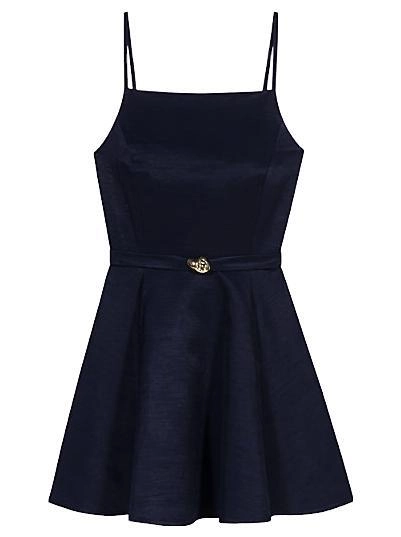 Maje Square-neck Belted Woven Mini Dress - Navy