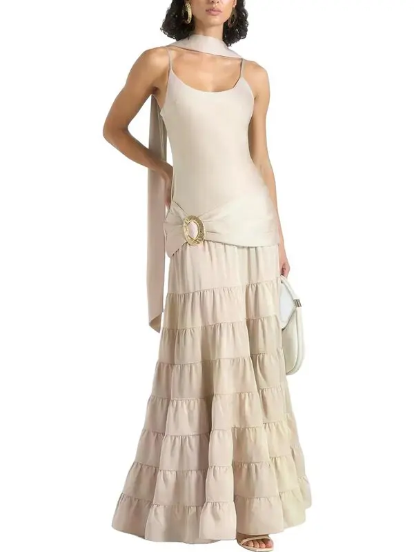 Manière De Voir Naomi In Champagne Cami Satin Tiered Belted Maxi Dress - Neutrals