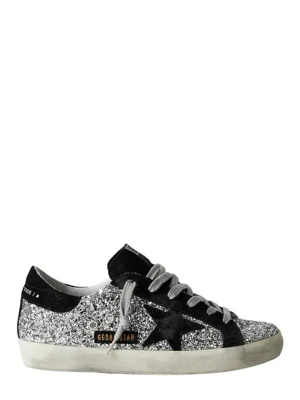 GOLDEN GOOSE Superstar Distressed Glittered Leather And Suede Sneakers - Silver