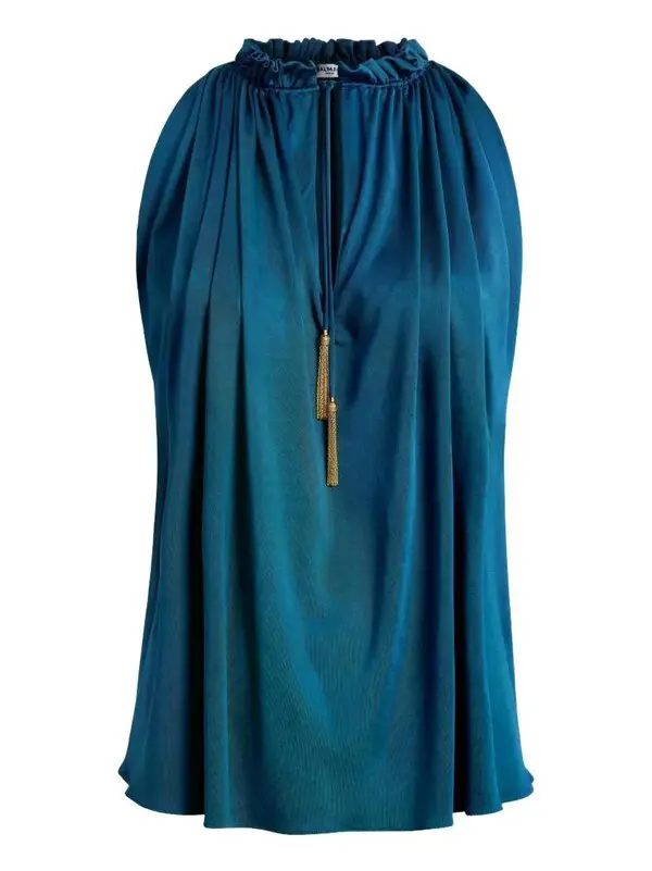 Balmain Pleated Flowing Jersey Top With Adjustable Drawstring And Gold-tone Chain Tassel - Blue