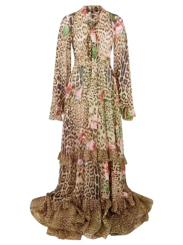 Roberto Cavalli Jaguar-print Tiered Maxi Dress - Neutrals