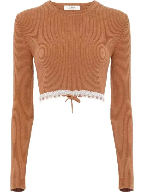 Chloé Lace-trimmed Ribbed-knit Sweater - Brown