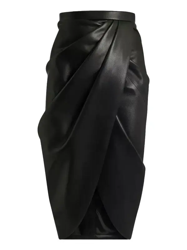 Balmain Draped Lambskin Midi Skirt - Black