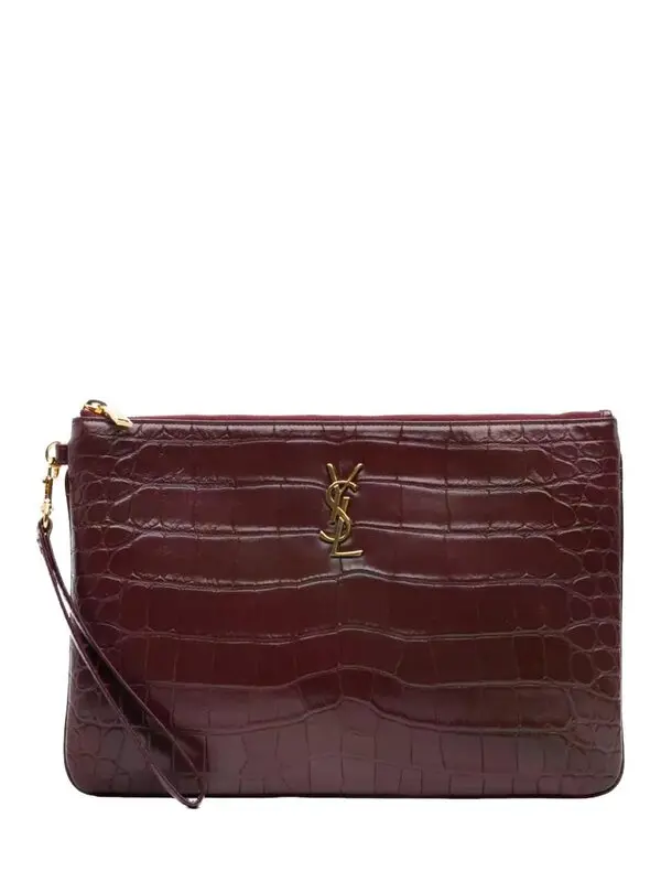 Saint Laurent 2022 Croc Embossed Calfskin Monogram Tablet Pouch Clutch Bag - Red