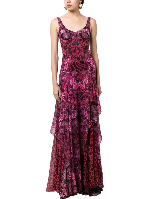 Versace Orchid Barocco-print Ruffled Silk Dress - Black