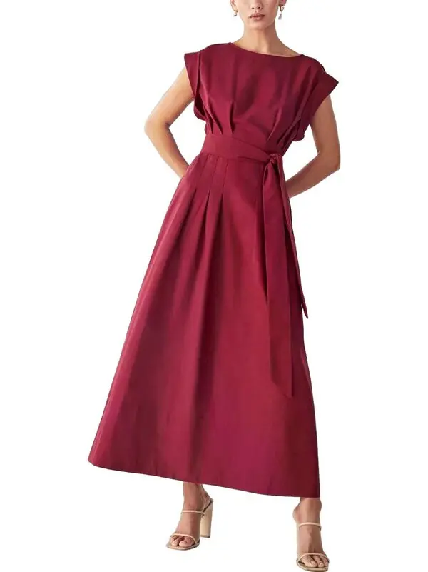 WILLA Lecia Belted Pleated Midi Dress - Red