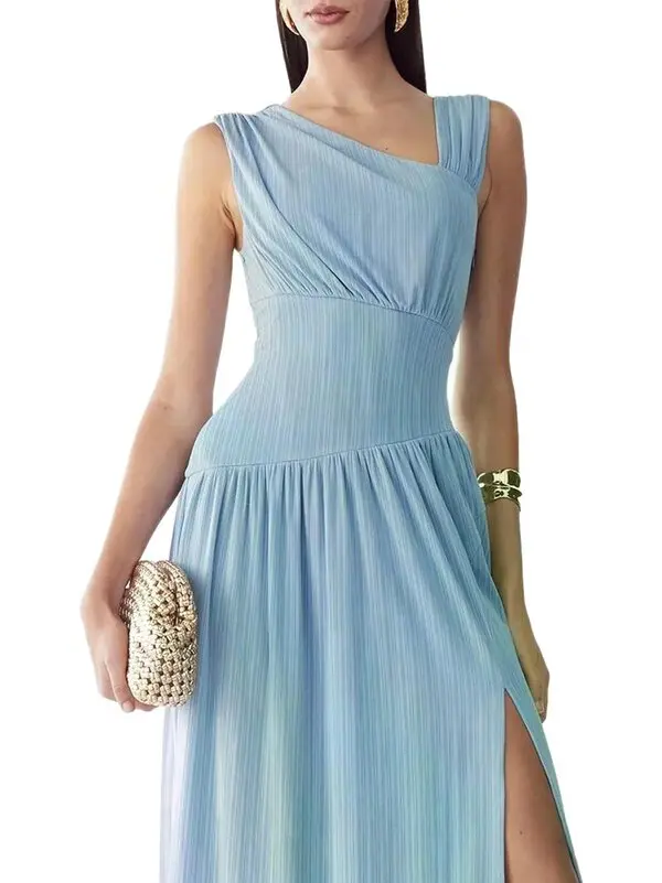 BWLDR Riah Asymmetric-neck Pleated Maxi Dress - Blue