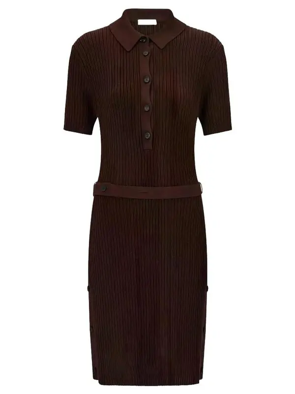 FERRAGAMO Knitted Ribbed Polo Dress With Belt - Brown