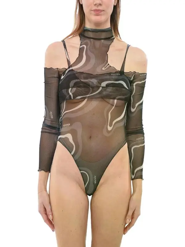 JULFER Sheer Cold-shoulder Bodysuit - Grey