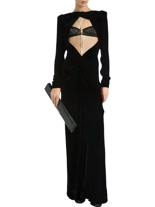 Balmain Long Velvet And Lace Gown - Black