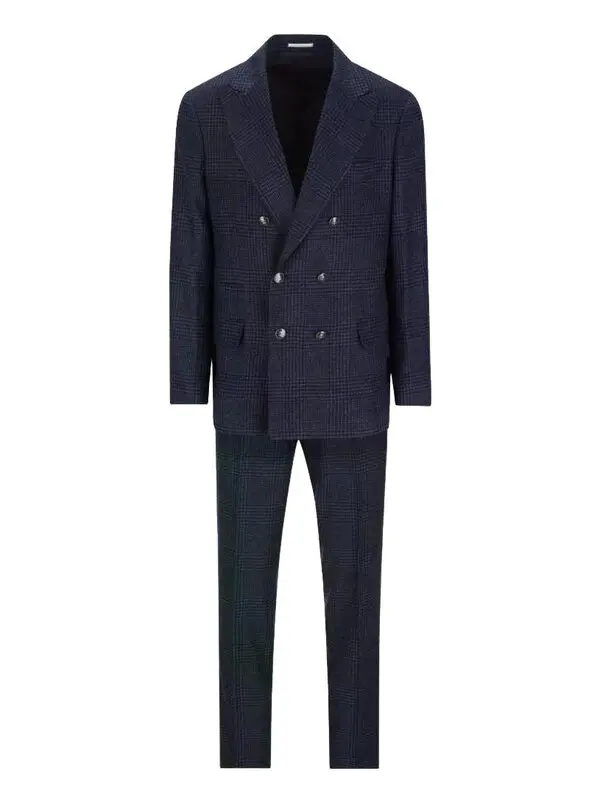 Brunello Cucinelli Check Double-breasted Suit - Blue