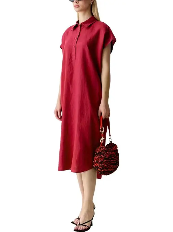 BENETTON Short-sleeve Shirt Midi Dress - Red