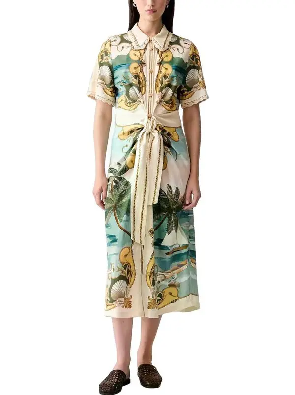 Farm Rio Graphic-print Knot-detail Midi Dress - Neutrals