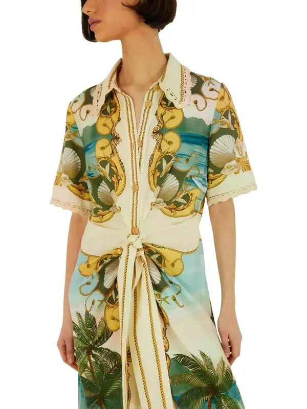 Farm Rio Graphic-print Knot-detail Midi Dress - Neutrals