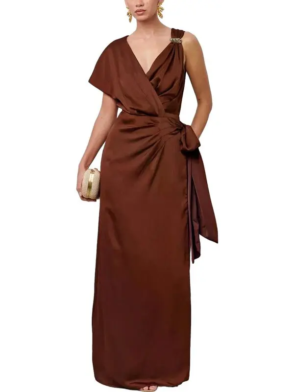 SAVEL One-shoulder Wrap-style Maxi Dress - Brown