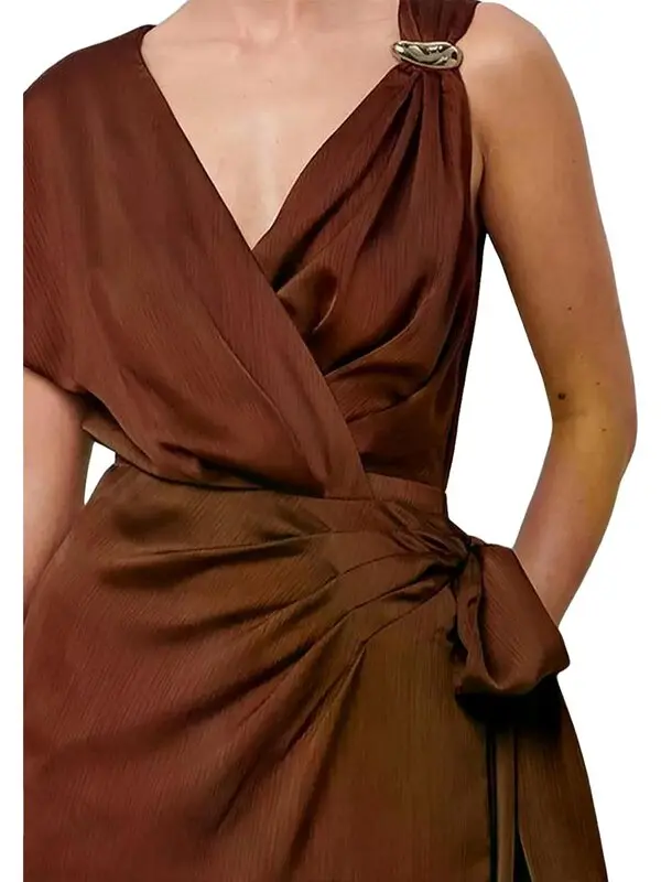 SAVEL One-shoulder Wrap-style Maxi Dress - Brown
