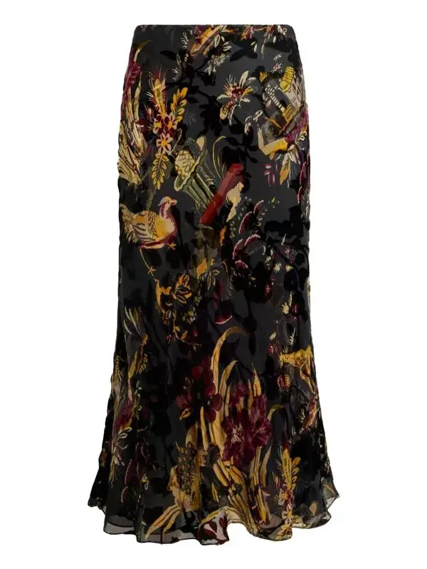Etro Silk-blend Burnout Velvet Midi Skirt With Flower And Animal Motif - Black