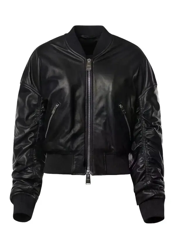 DONDUP Ruched Leather Bomber Jacket - Black