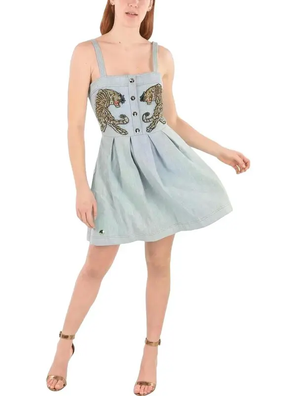 Philipp Plein Embellished Pleated Denim Mini Dress - Blue