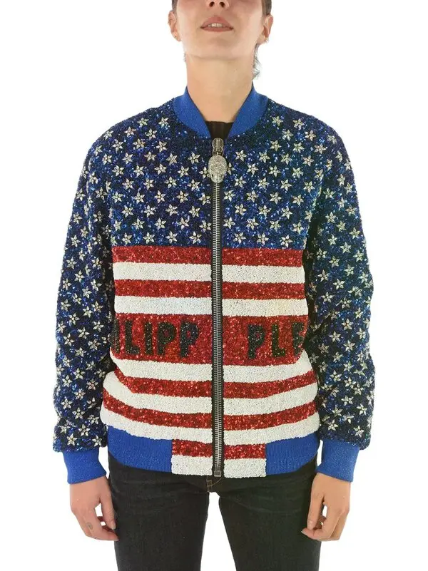 Philipp Plein Sequin-embellished Rhinestone-star Bomber Jacket - Blue