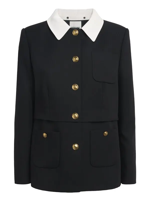 Sandro Wool Contrast Collar Blazer - Black