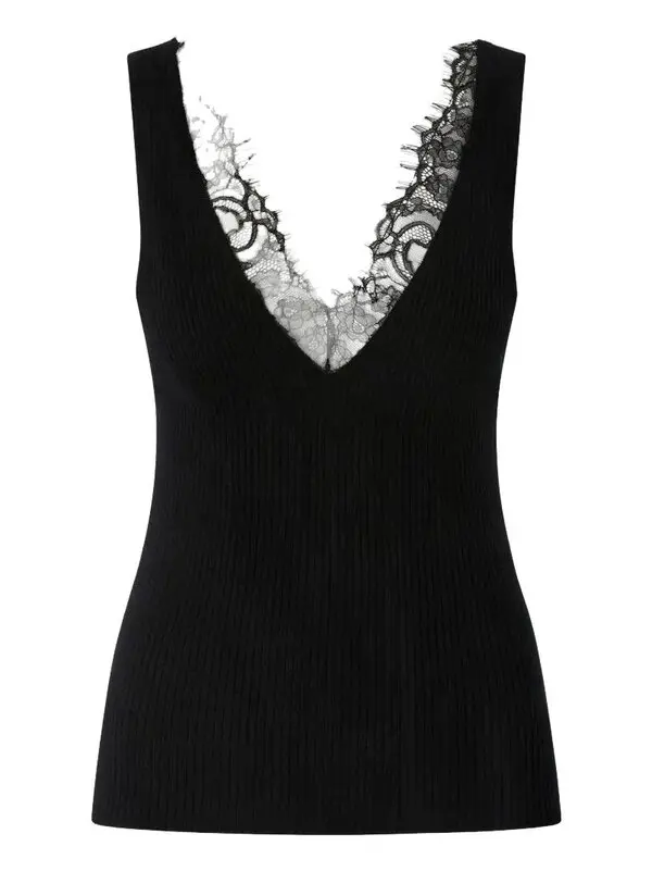 Pinko Lace-trim V-neck Ribbed Top - Black