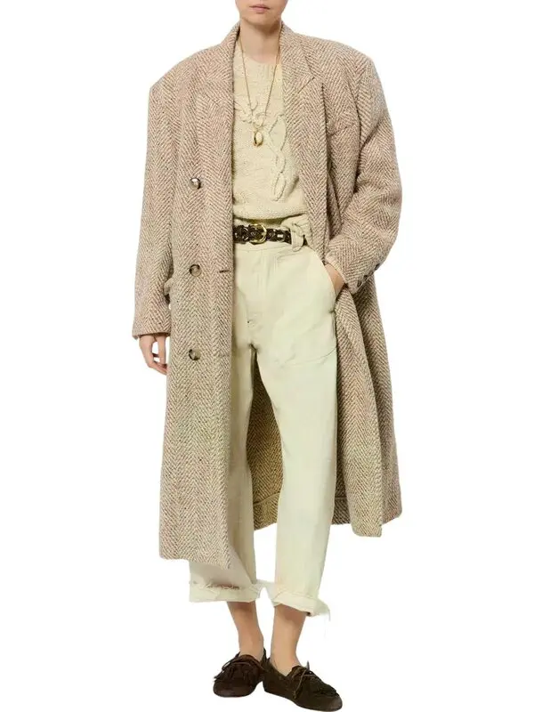 MARANT ETOILE Beige Herringbone Peak Lapel Double-breasted Coat - Neutrals