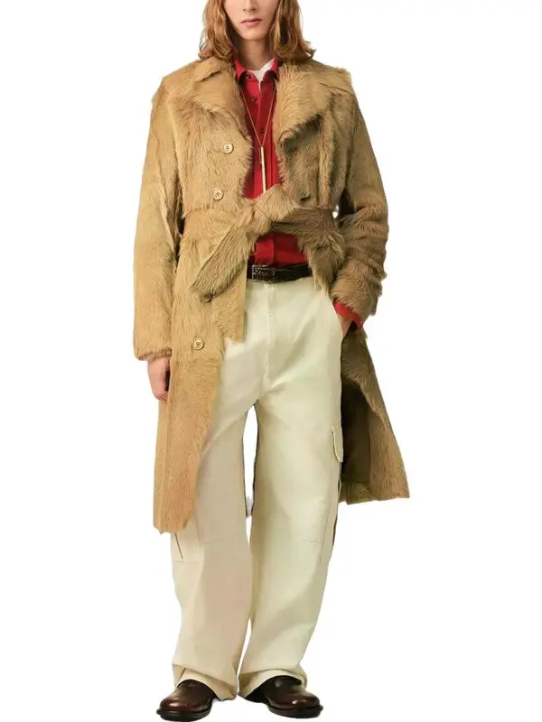 AMI Paris Long Goat Leather Belted Coat - Neutrals