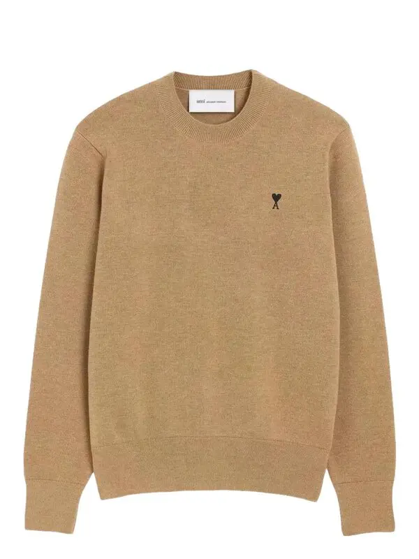 AMI Paris Crewneck Wool Sweater With De Coeur Embroidery - Neutrals