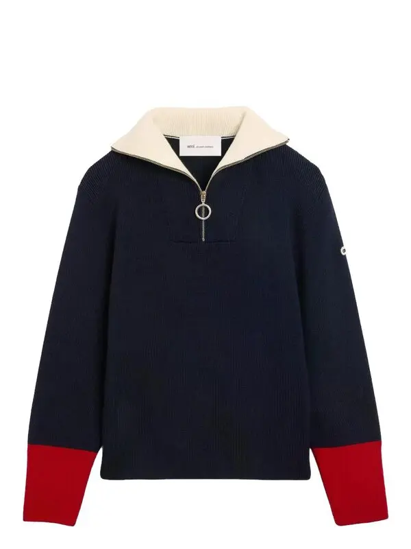 AMI Paris Zipped Collar Wool Sweater - Blue