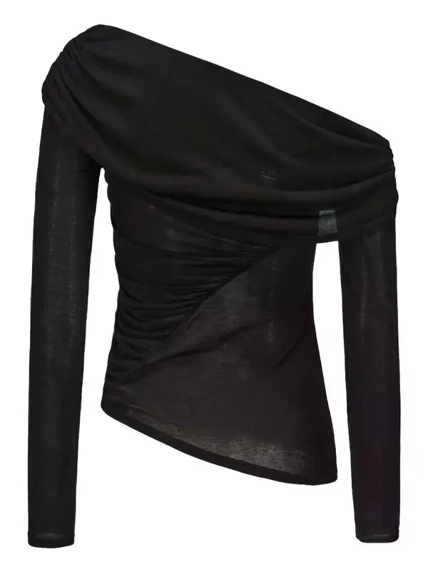 ELYWOOD Shirred Off-shoulder Long-sleeved T-shirt - Black