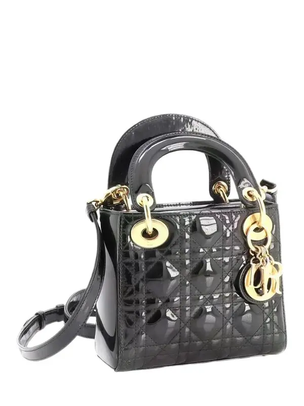 Dior Lady Bag Cannage Quilt Patent Mini Satchel - Black