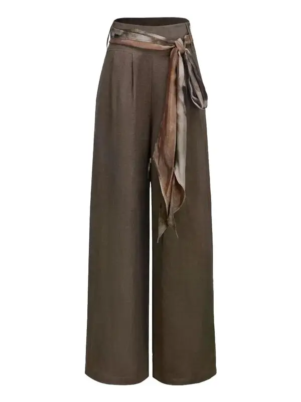 ELYWOOD Belted Pleated Palazzo Pants - Brown