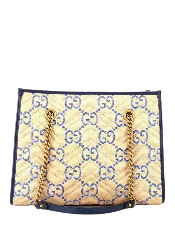 Gucci Gg Marmont Aria Chain Shopping Jumbo Gg Matelasse Raffia Medium Tote Bag - Blue