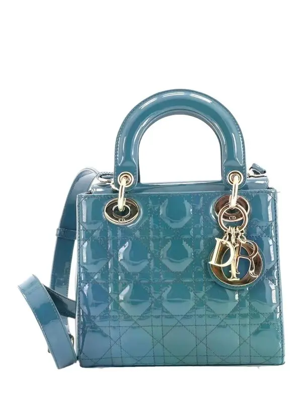 Dior Lady Bag Cannage Quilt Patent Small Satchel - Blue