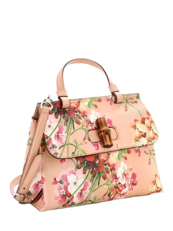 Gucci Bamboo Daily Top Handle Bag Blooms Print Leather Small Satchel - Neutrals