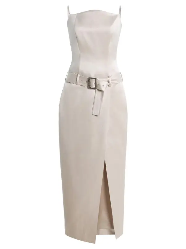 WIEDERHOEFT Julie Belted Cotton-silk Satin Midi Dress - Silver