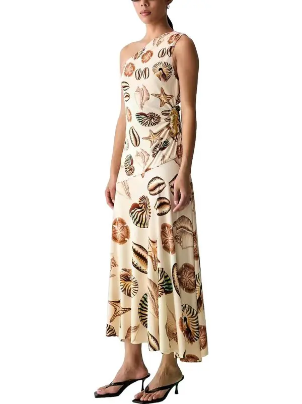 Farm Rio Seashell-print One-shoulder Midi Dress - Neutrals