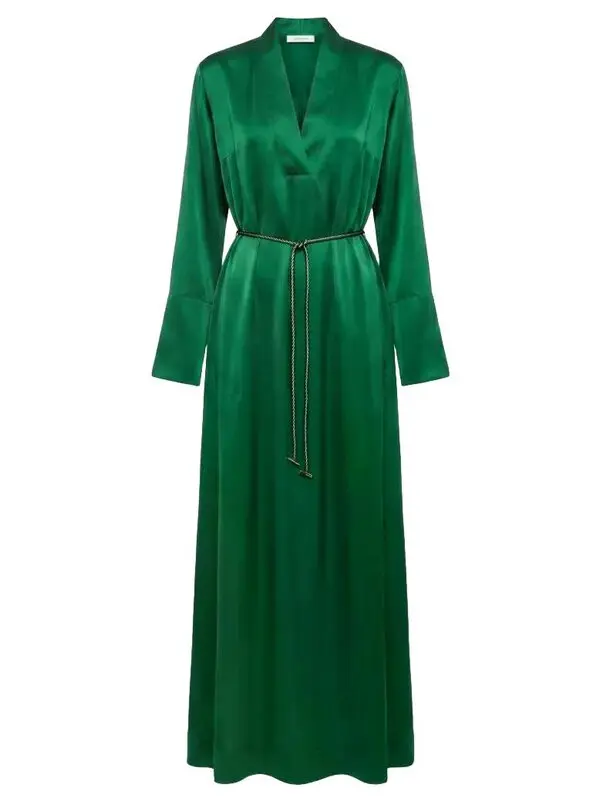 DANAME Belted V-neck Satin-finish Midi Dress - Green