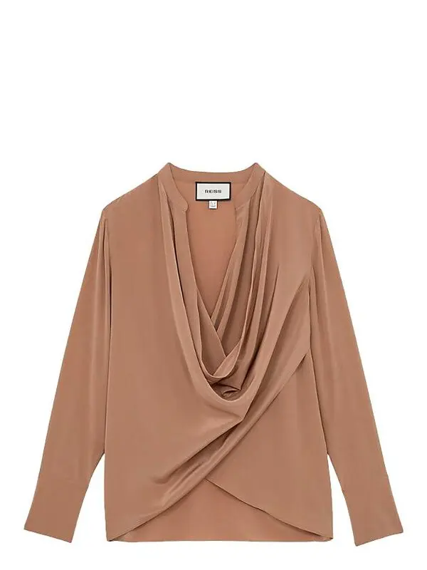 REISS Lauren Notch Neck Draped Silk Shirt - Camel